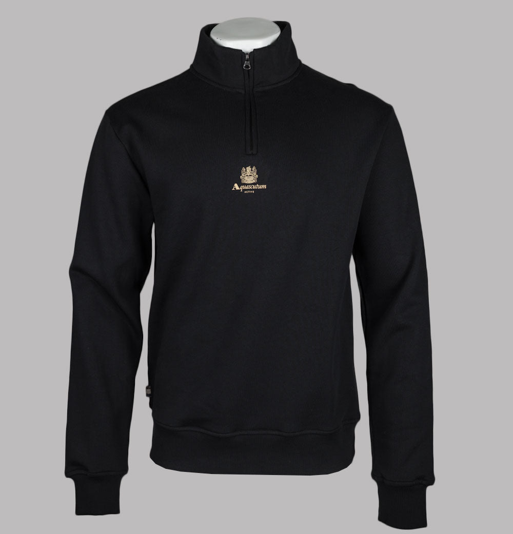 Aquascutum Centred Logo 1/4 Zip Fleece Back Sweatshirt Black – Bronx ...