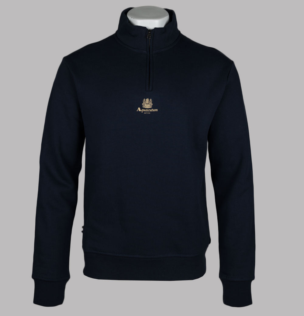 Aquascutum Centred Logo 1/4 Zip Fleece Back Sweatshirt Navy – Bronx ...
